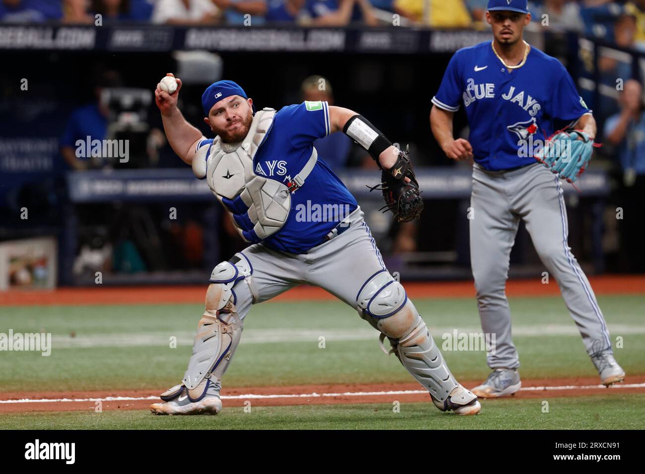 Toronto Blue Jays catcher Alejandro Kirk throws to first for the final ...