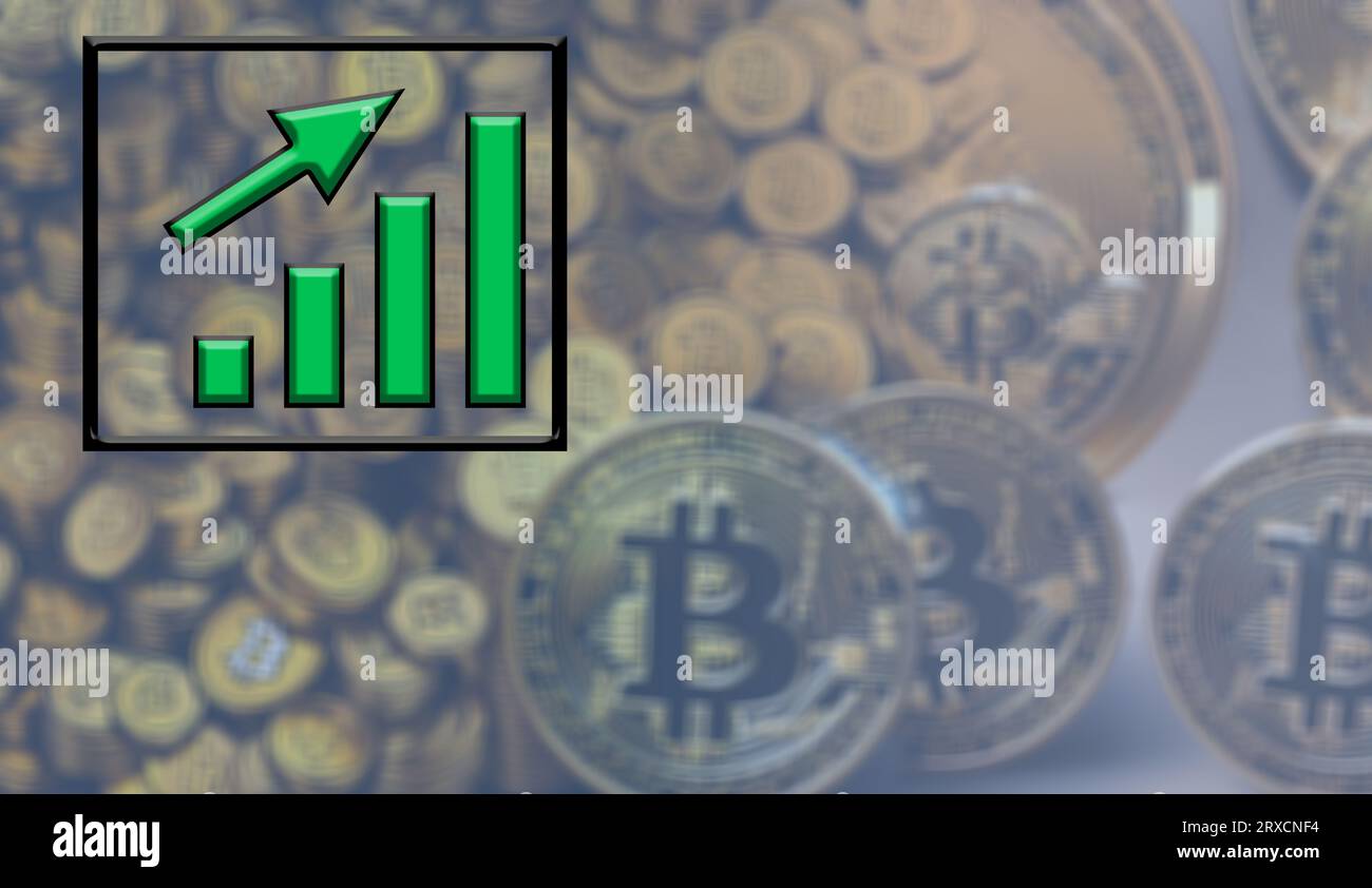 bitcoin coins with positive rising on side green graph value growth ...