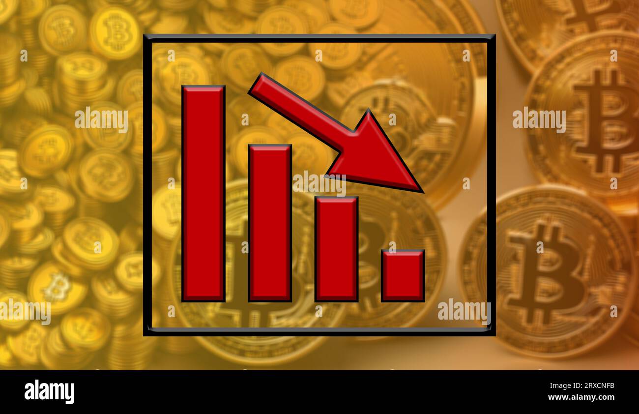 bitcoin coins with negative falling graph and loss of market value ...
