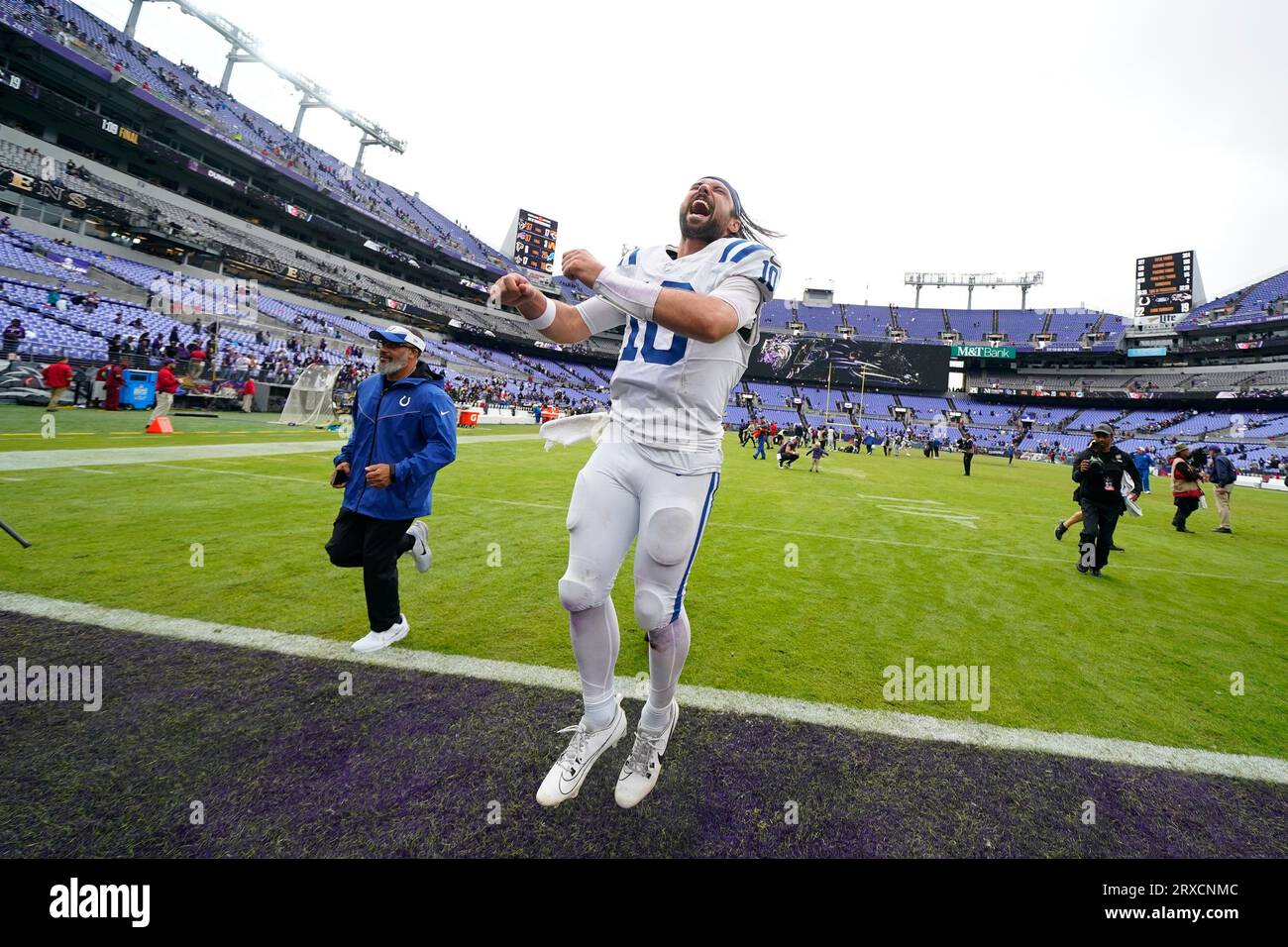 Indianapolis Colts quarterback Gardner Minshew celebrates as he leaves ...