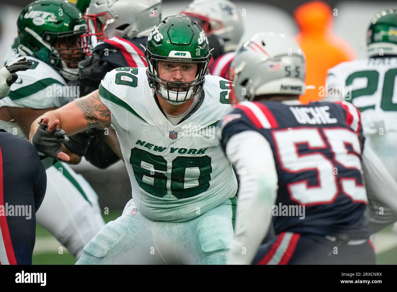New York Jets center Connor McGovern (60) blocks at the line of ...