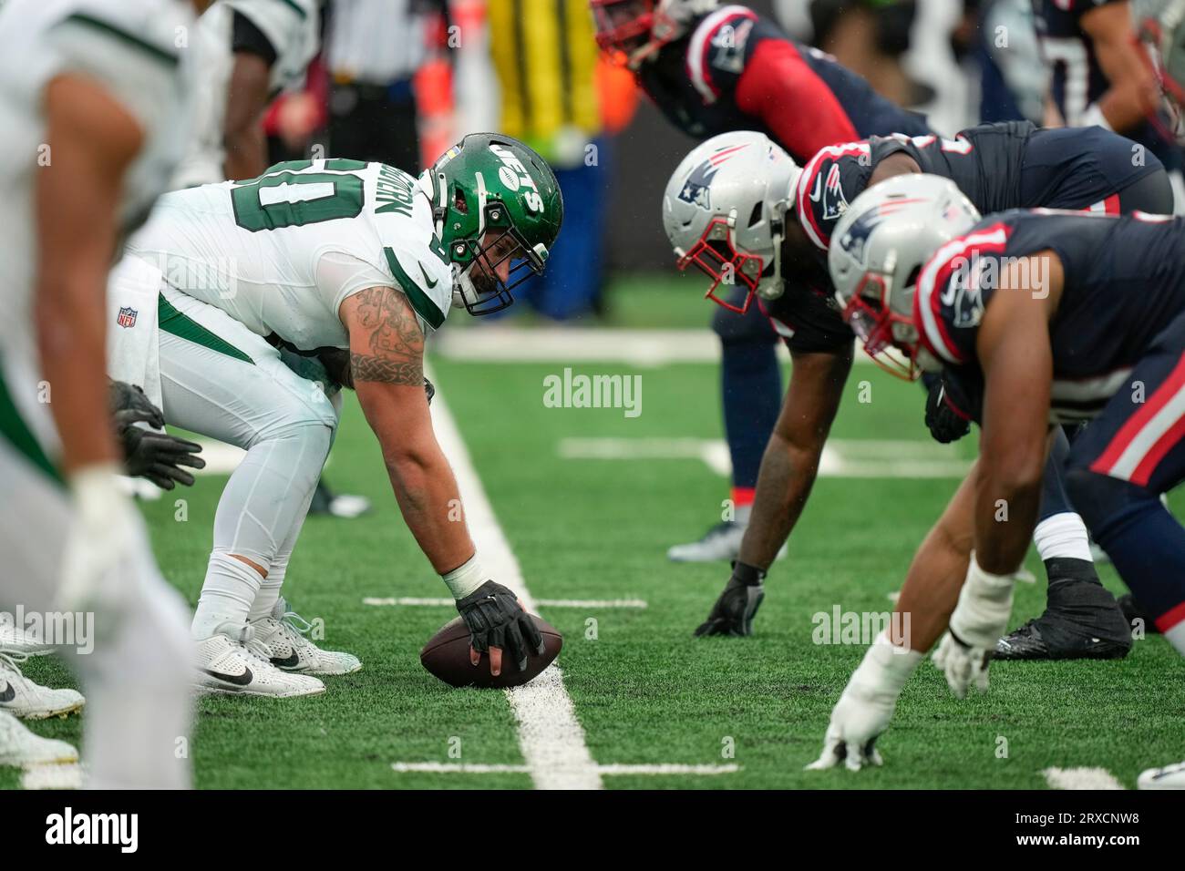 New York Jets center Connor McGovern (60) lines up at the line of ...