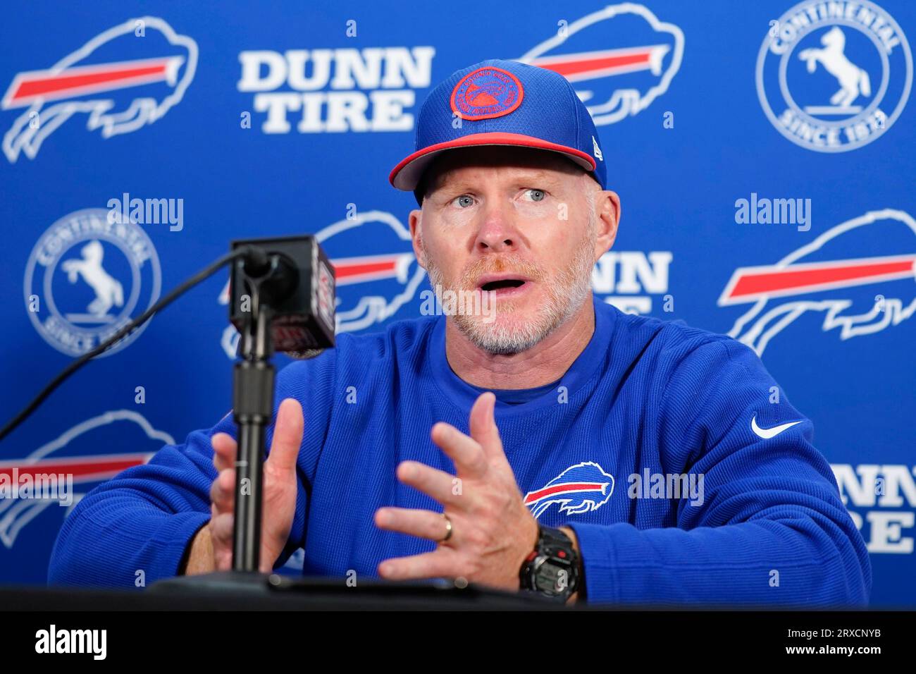 Buffalo Bills head coach Sean McDermott speaking to members of the ...