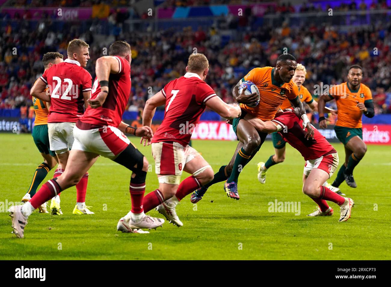 Australia's Suliasi Vunivalu attempts to get past the Wales line during ...