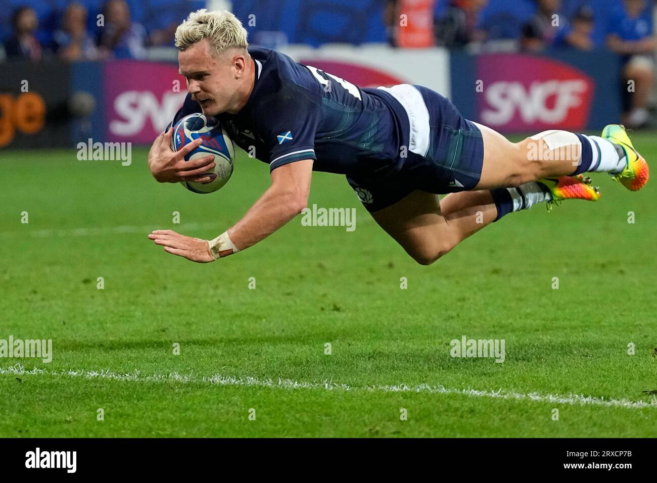 Scotland's Darcy Graham scores a try during the Rugby World Cup Pool B ...
