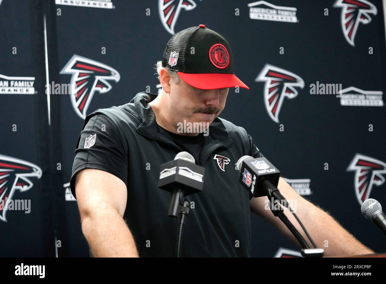 Atlanta Falcons head coach Arthur Smith talks after an NFL football ...
