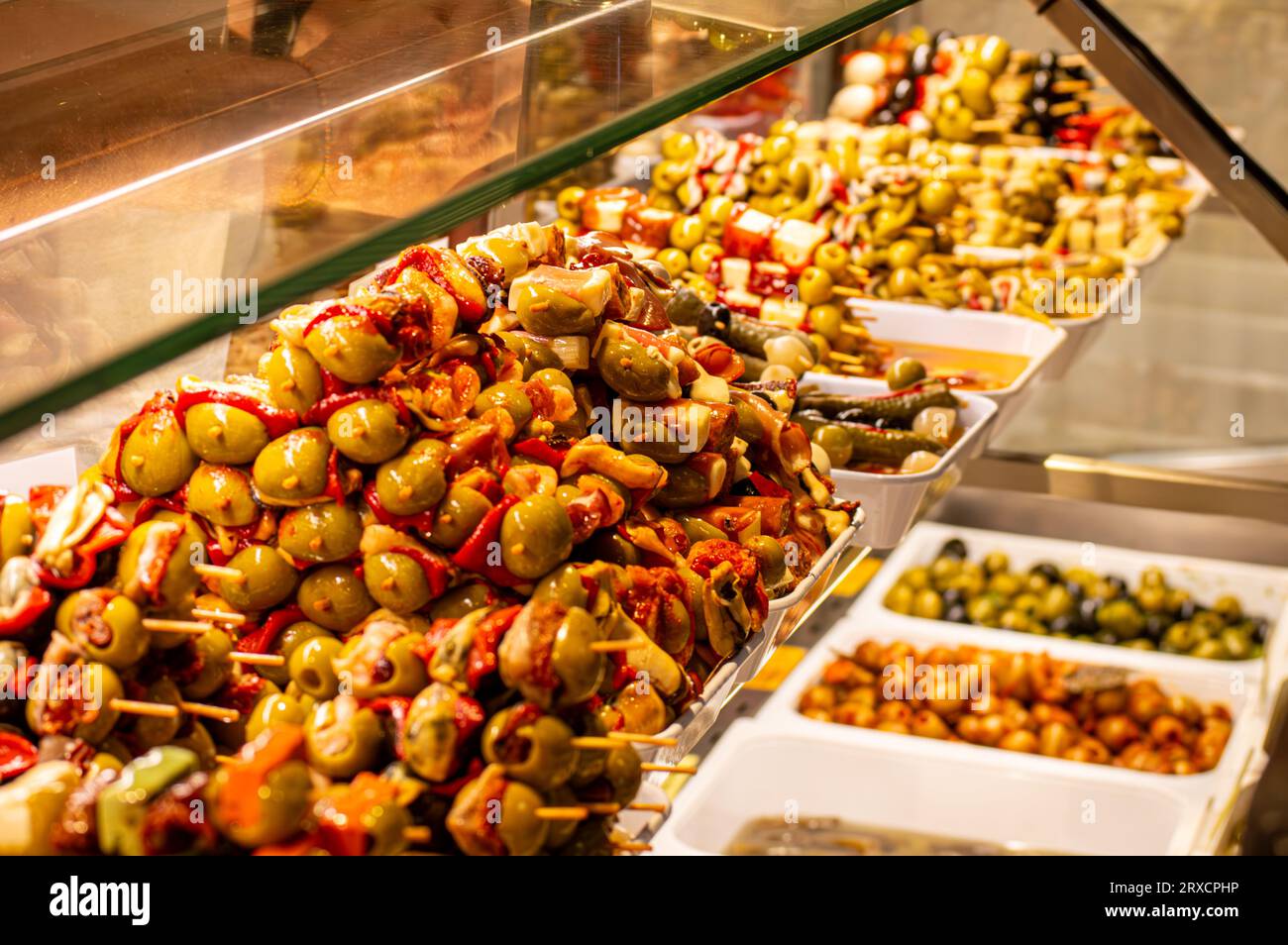Traditional tapas on Miguel Market "Mercado de San Miguel", a popular ...