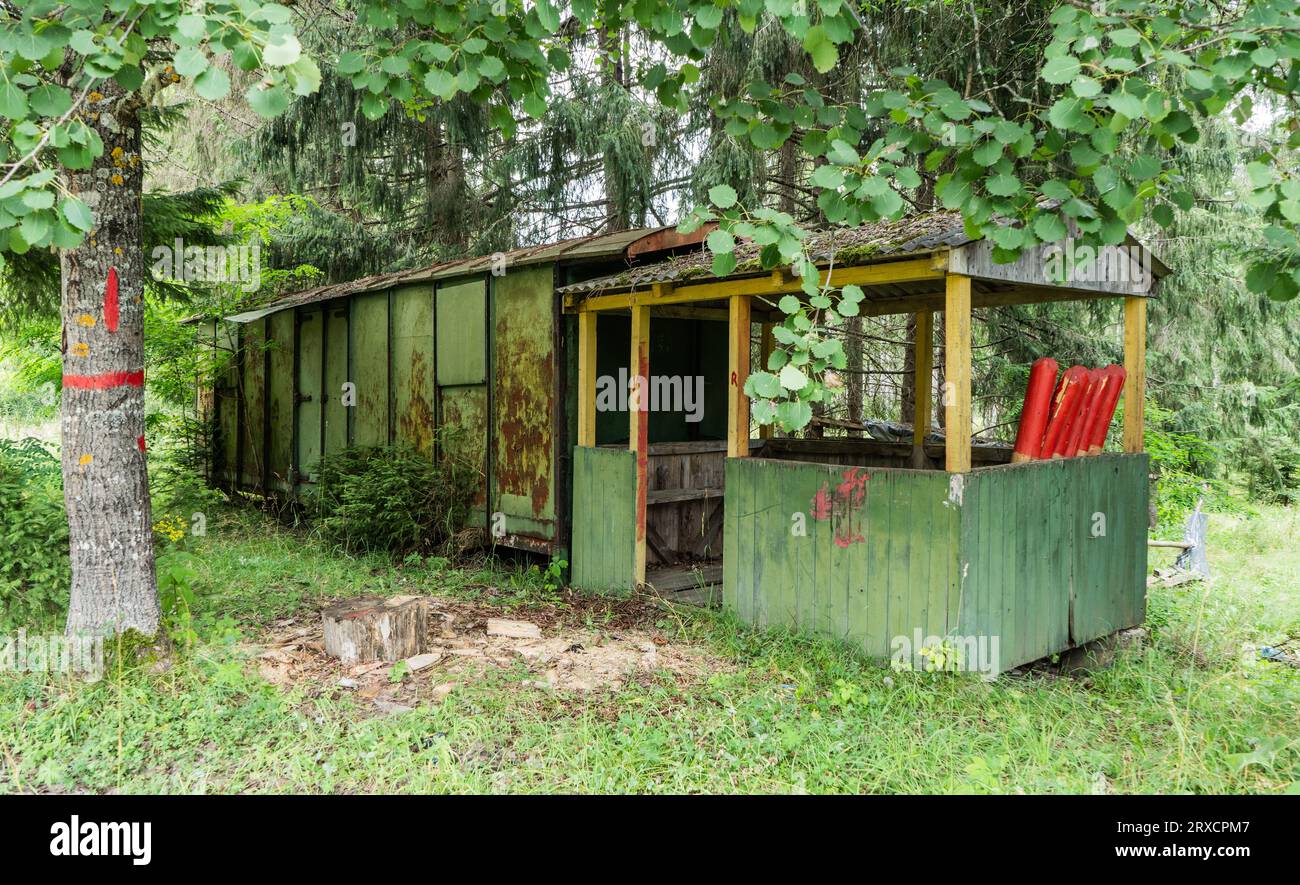 Abandoned rusty wooden train in the forest Stock Photo - Alamy