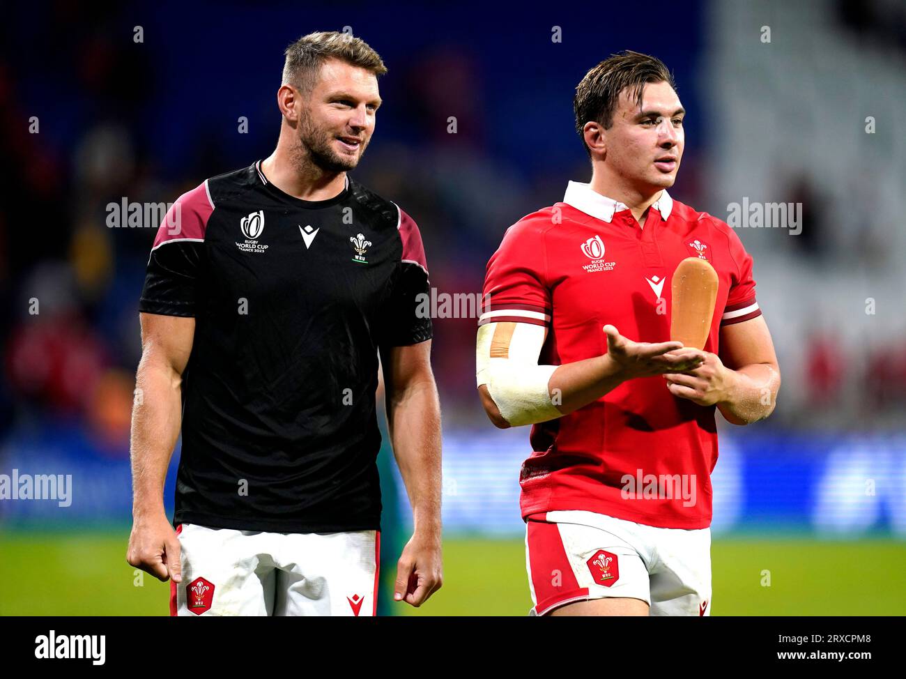 Wales' Dan Biggar (left) and Taine Basham following victory in the ...
