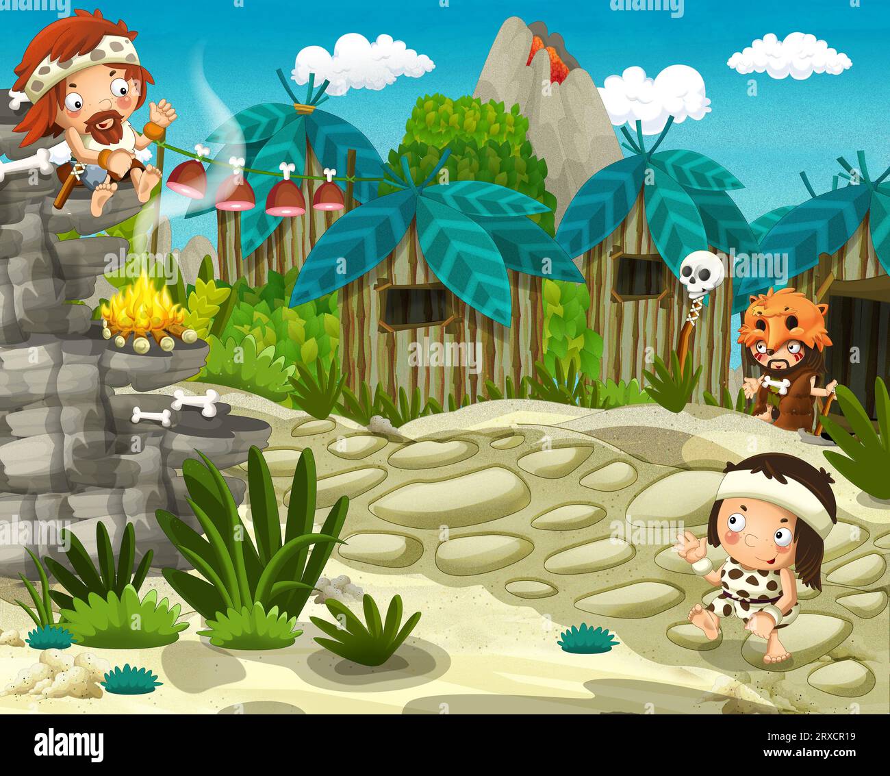 cartoon caveman village scene - stone age - illustration for children ...