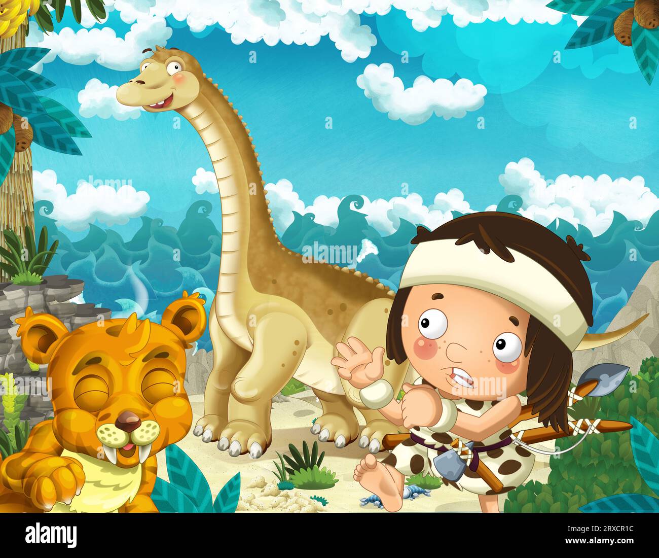 cartoon scene with caveman near the sea shore looking at some happy and ...