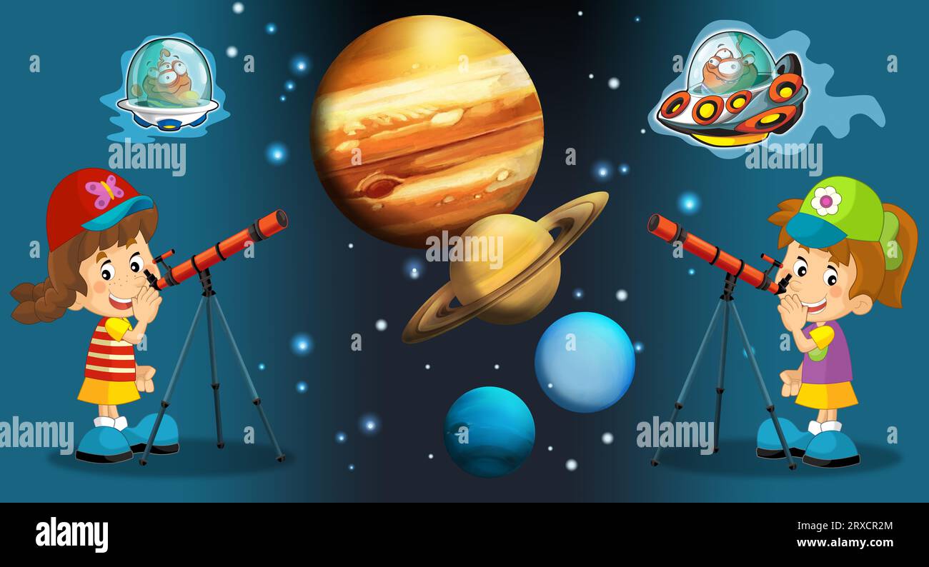 Cartoon funny colorful scene of cosmos galactic alien ufo girl pupil ...