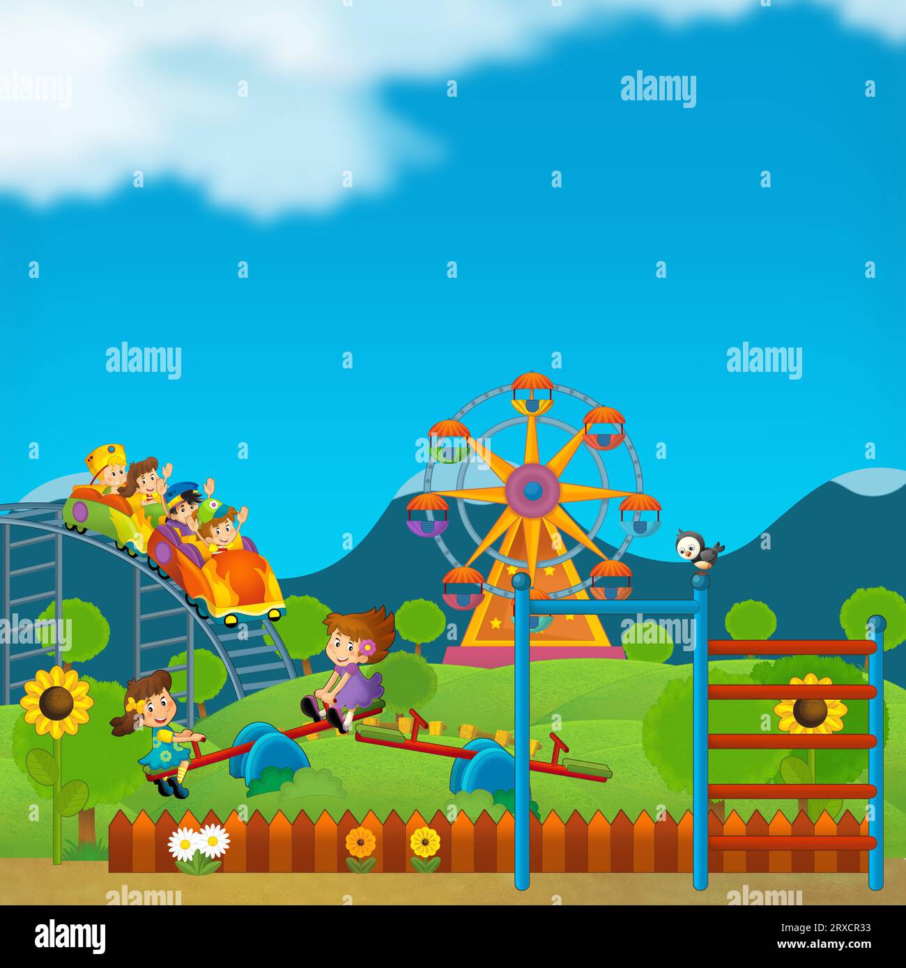 cartoon scene with kids playing at funfair amusement park or playground ...