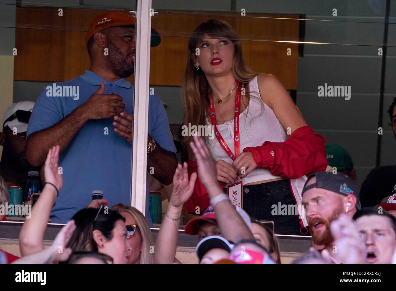 Taylor Swift watches from a suite inside Arrowhead Stadium during the ...