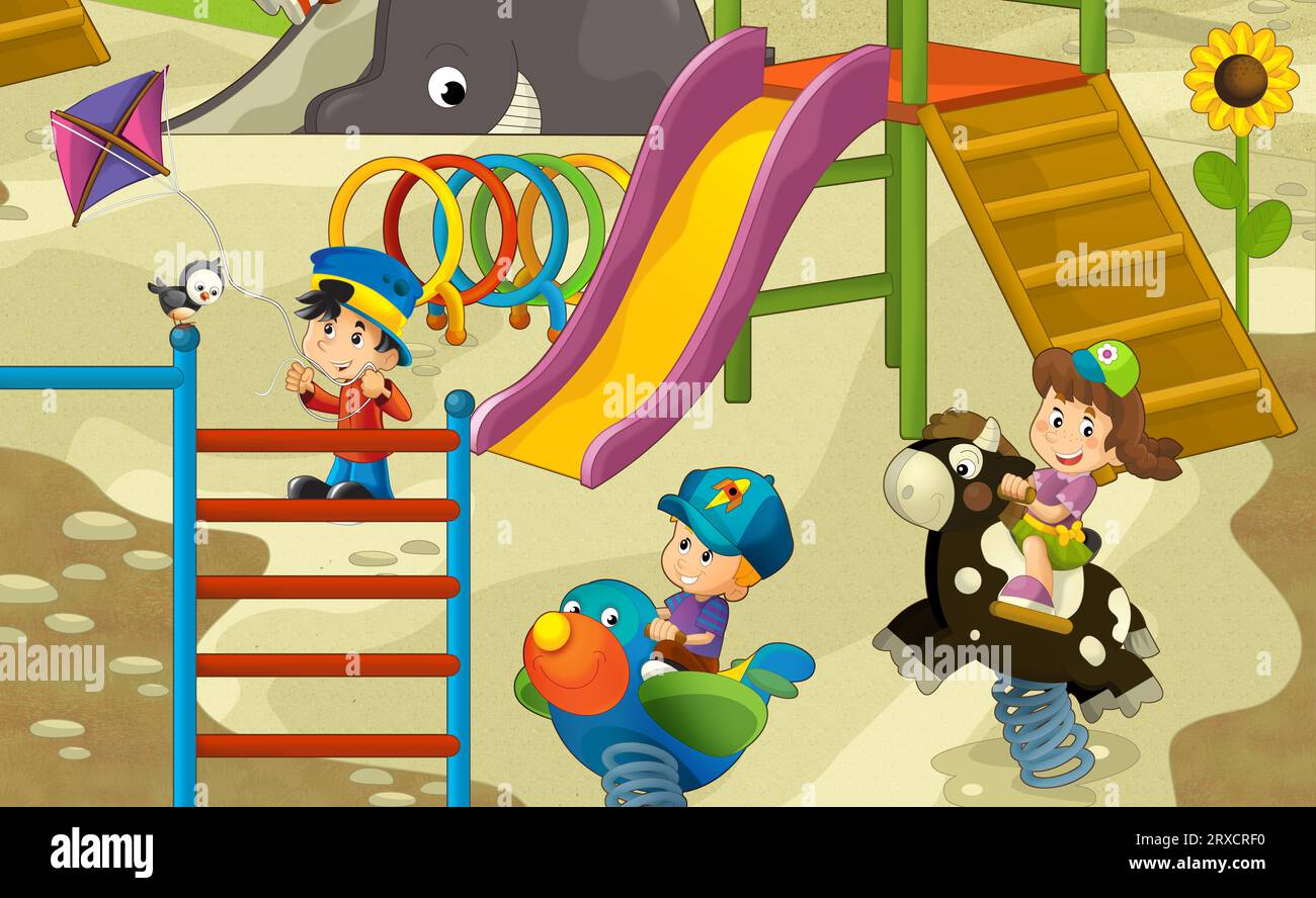 cartoon scene with kids playing at funfair amusement park or playground ...