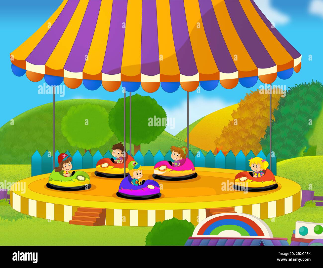 cartoon scene with kids playing at funfair amusement park or playground ...