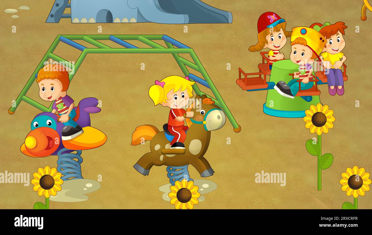 cartoon scene with kids playing at funfair amusement park or playground ...