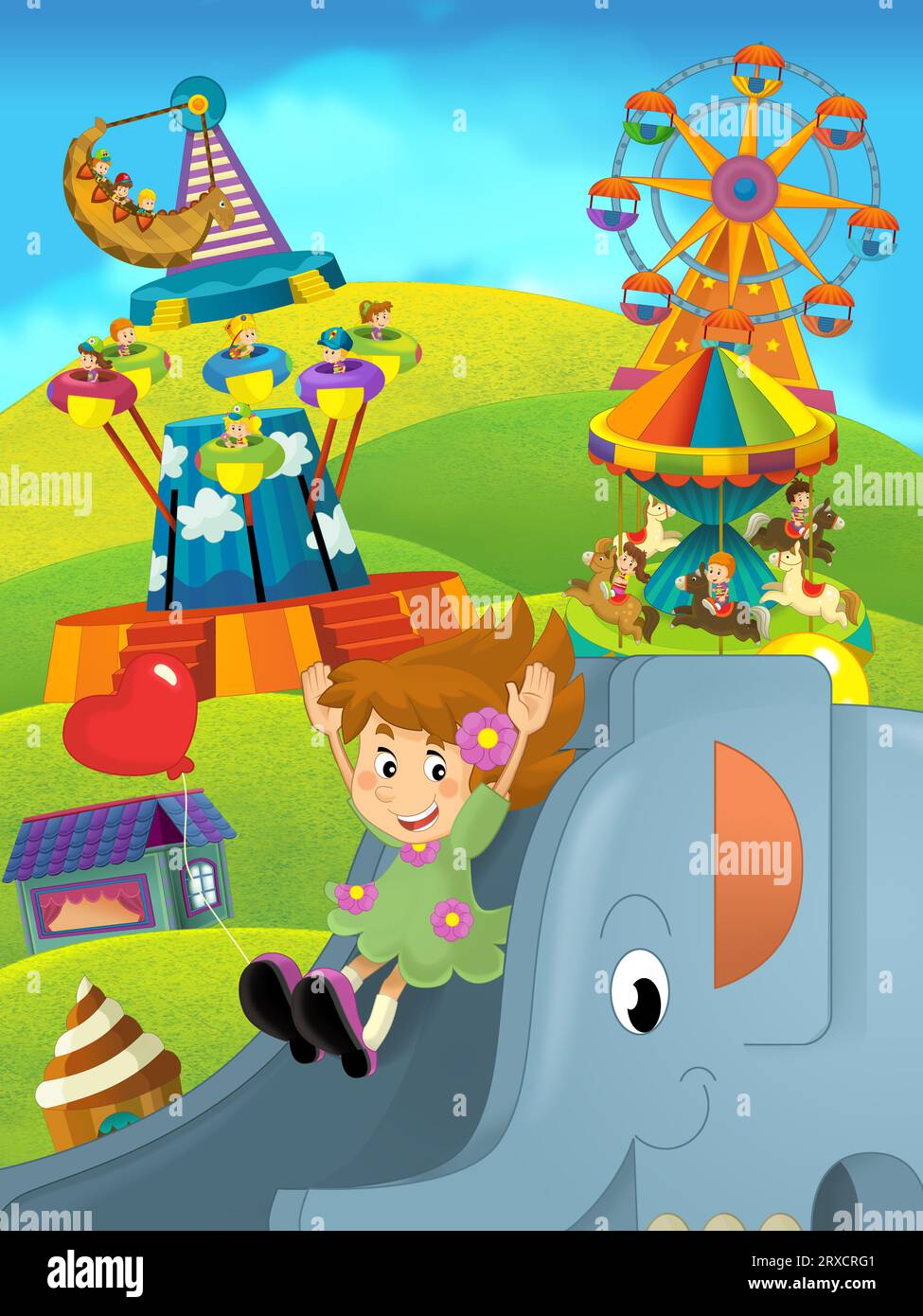 cartoon scene with kids playing at funfair amusement park or playground ...
