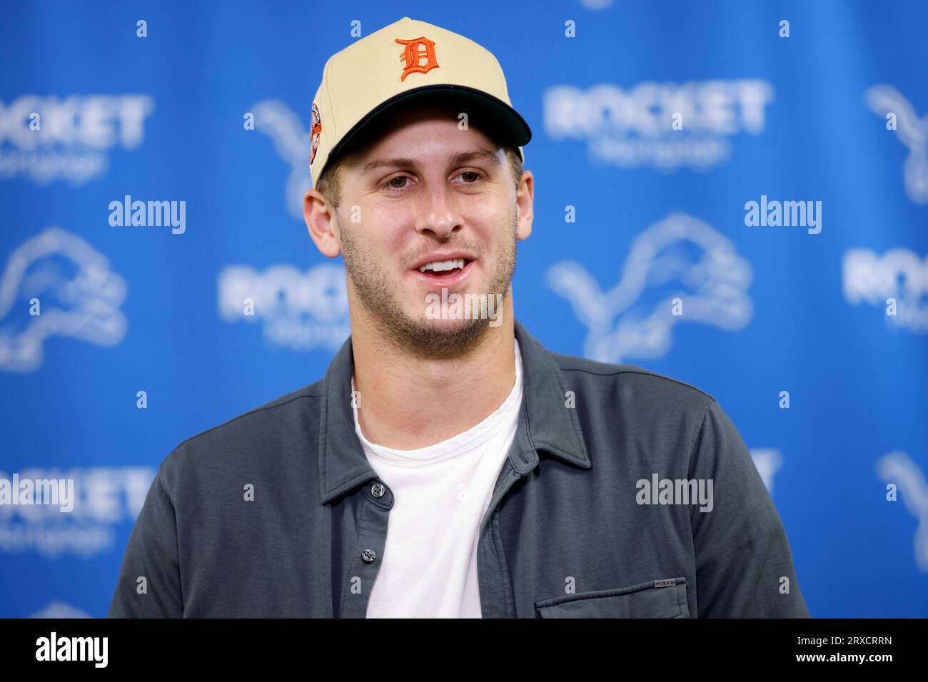 Detroit Lions quarterback Jared Goff talks after an NFL football game ...