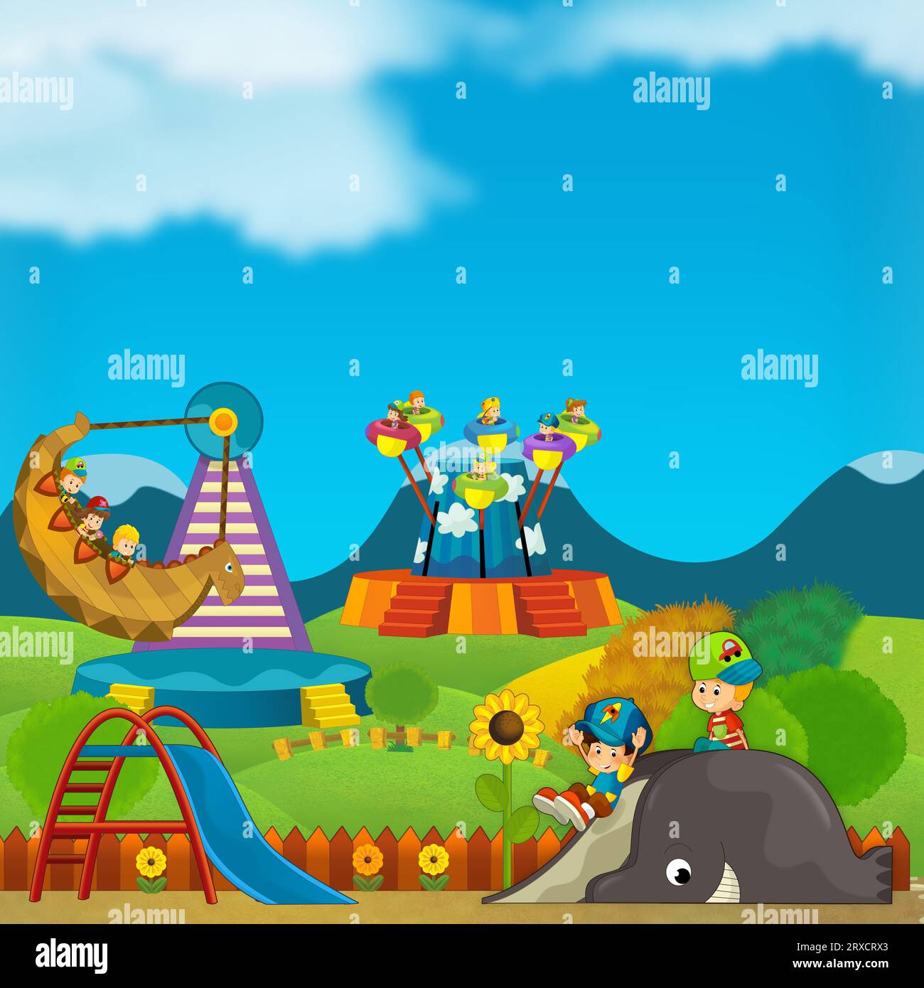 cartoon scene with kids playing at funfair amusement park or playground ...