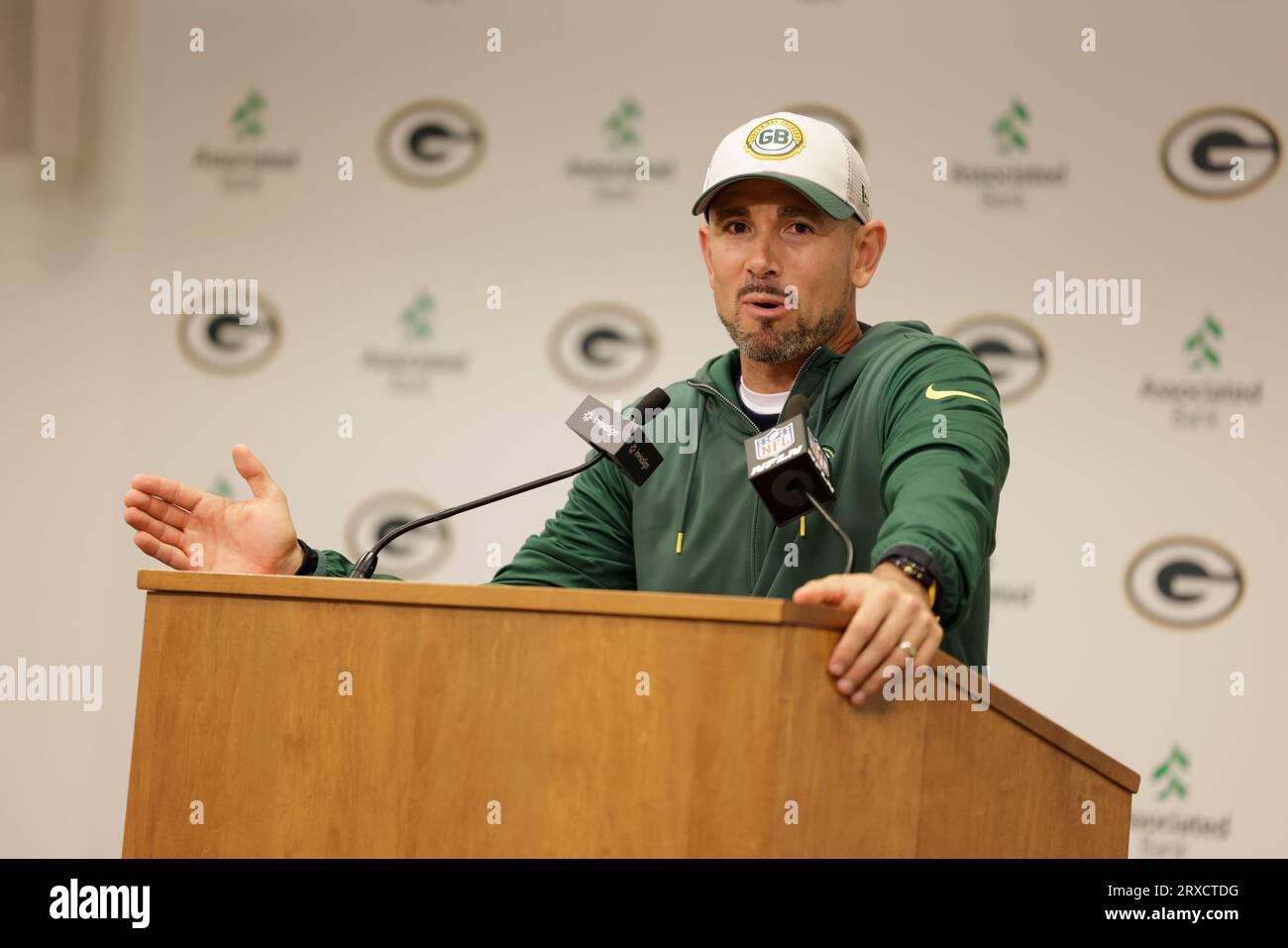 Green Bay Packers head coach Matt LaFleur speaks during a news ...