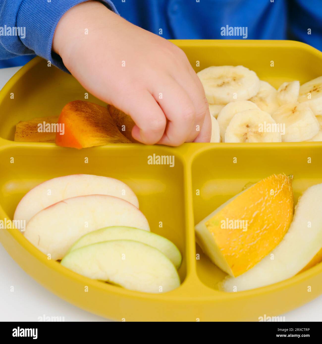 The toddler baby hand closeup shows him enjoying a snack of fresh ...