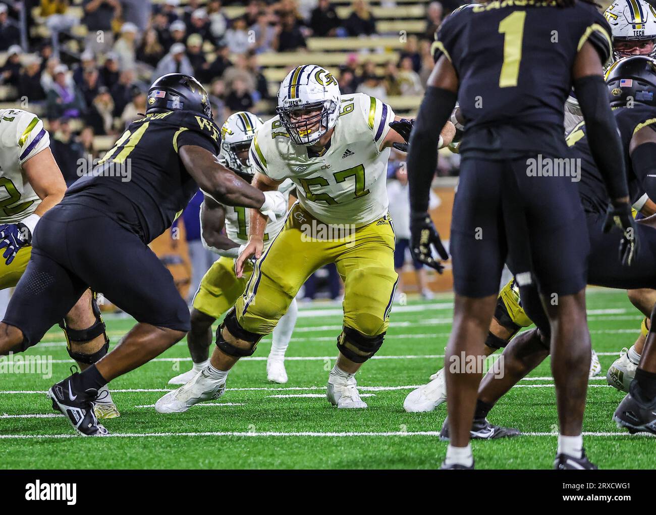 September 23, 2023: Georgia Tech sophomore Joe Fusile (67) blocks. NCAA ...