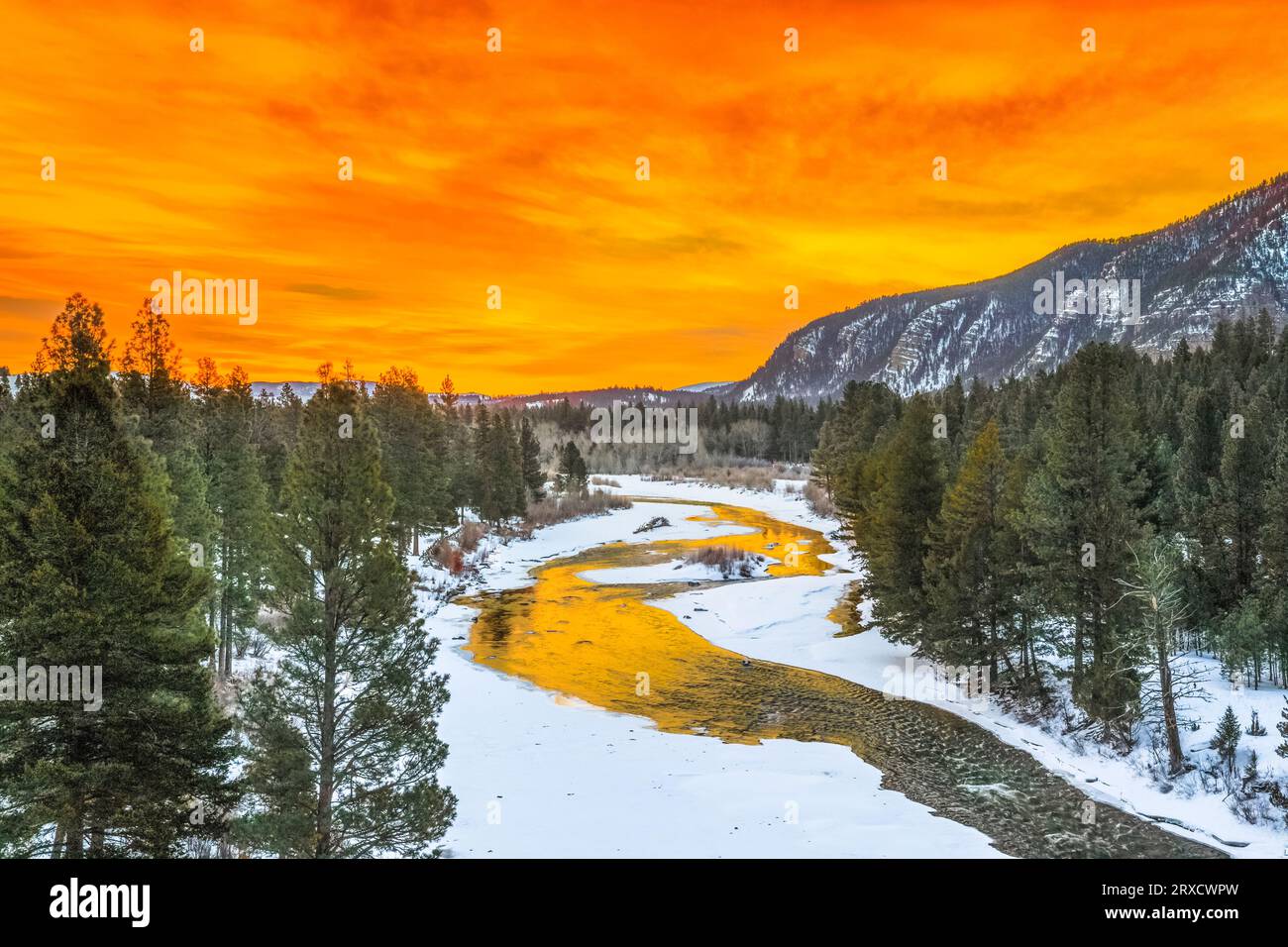 winter sunrise over the blackfoot river near ovando, montana Stock ...