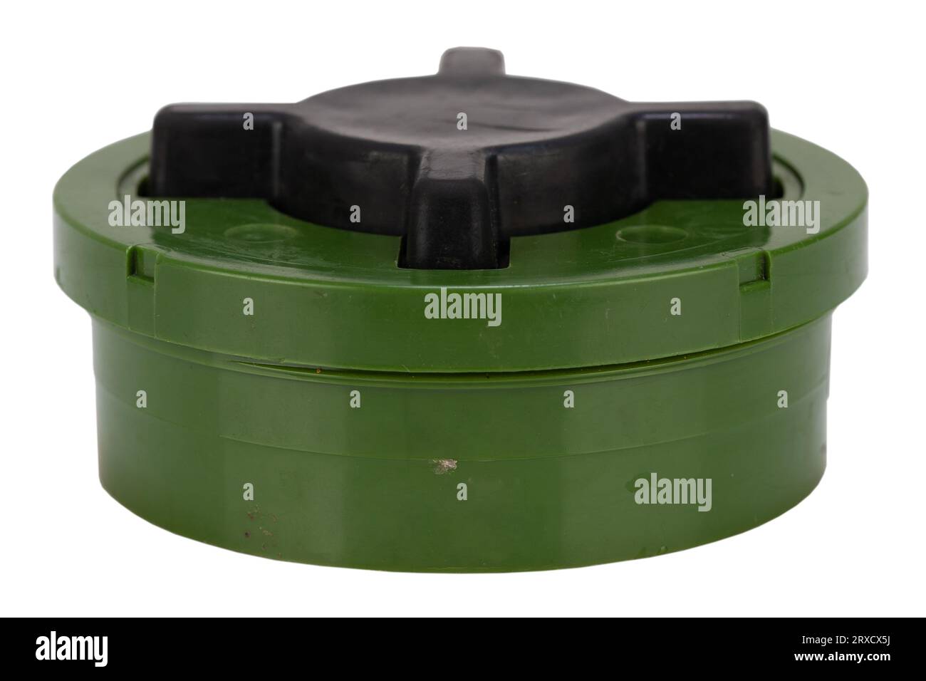 PMN-2 soviet, plastic bodied anti-personnel landmine. Isolated on white ...