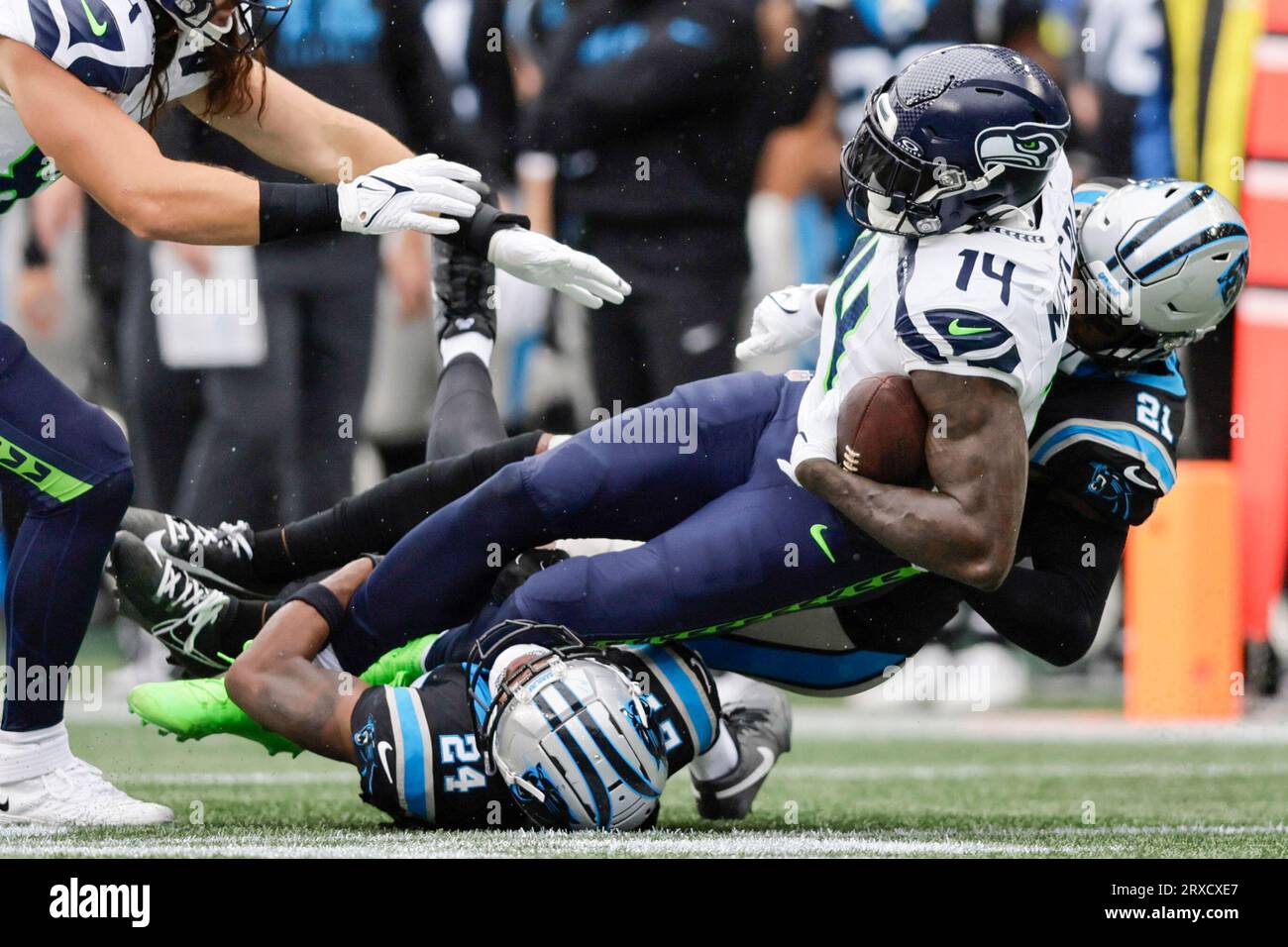 Seattle Seahawks wide receiver DK Metcalf is tackled by Carolina ...