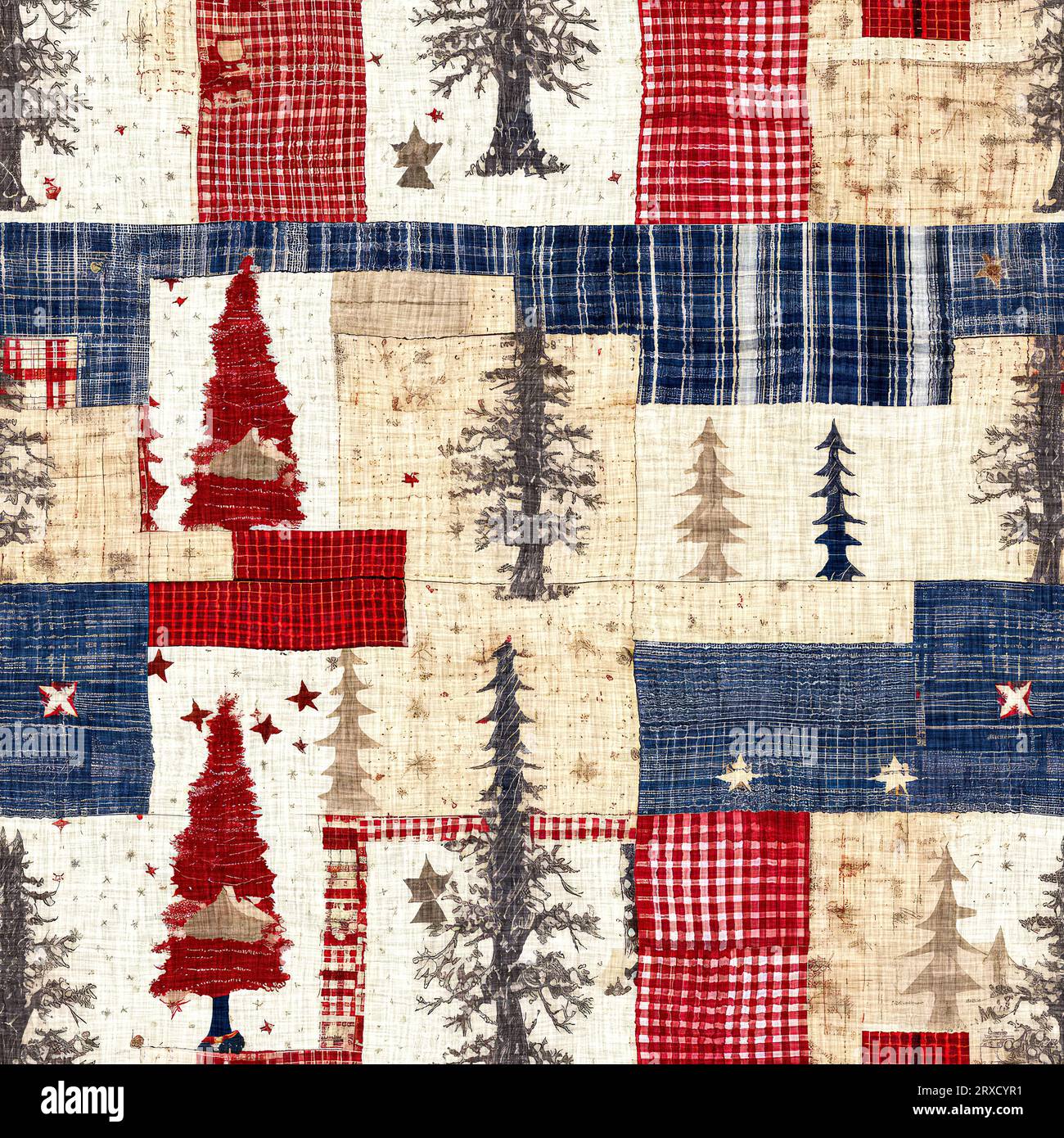 Old-Fashioned christmas tree with primitive hand sewing fabric effect ...