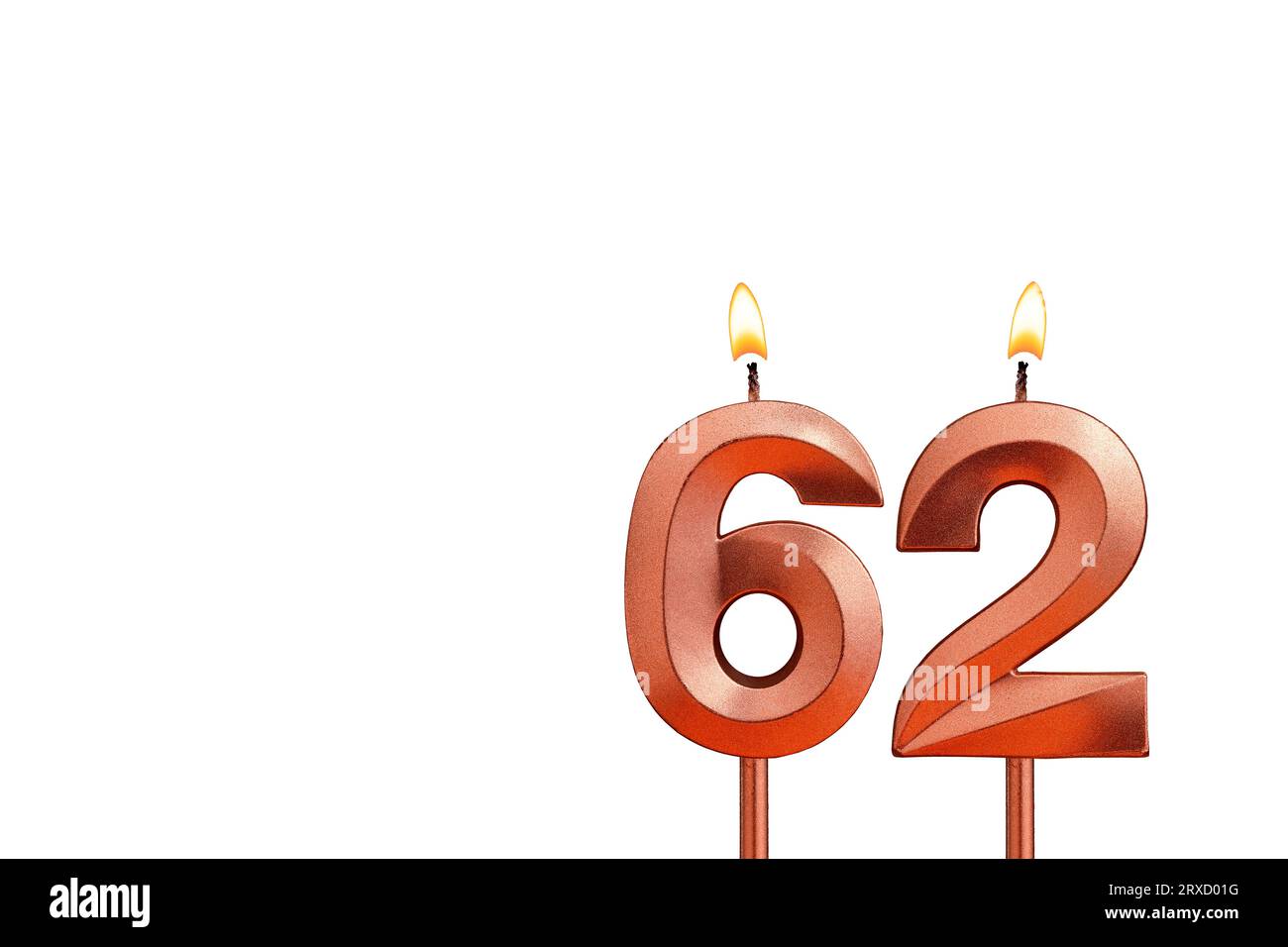 Burning candle number 62 for birthday on white background Stock Photo ...