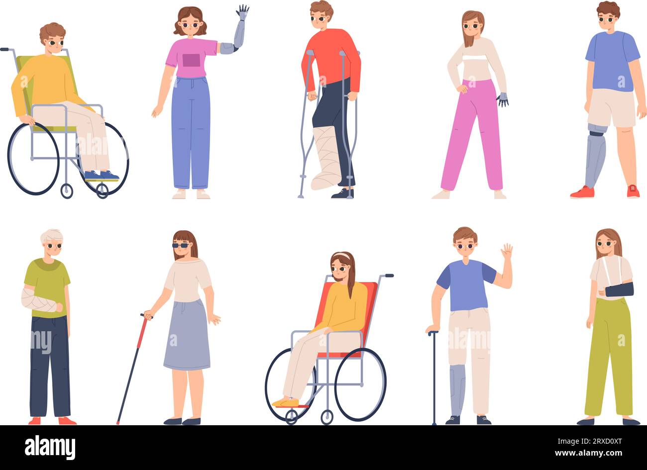 Disabled people group, young adult with injury. Disability woman and ...