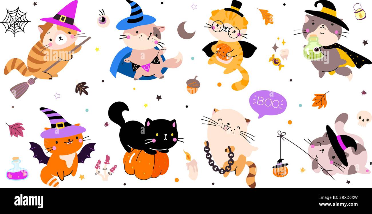 Halloween funny cats. Cute cat on pumpkin and broomstick, kitty ghost ...