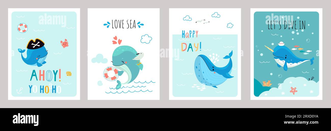 Whale printable cards. Positive simple posters with flat underwater ...