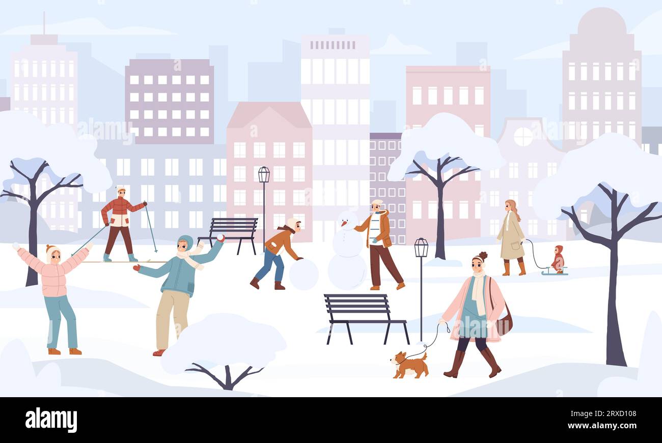 Active people in winter park. Teenager crowd walking, playing snowball ...