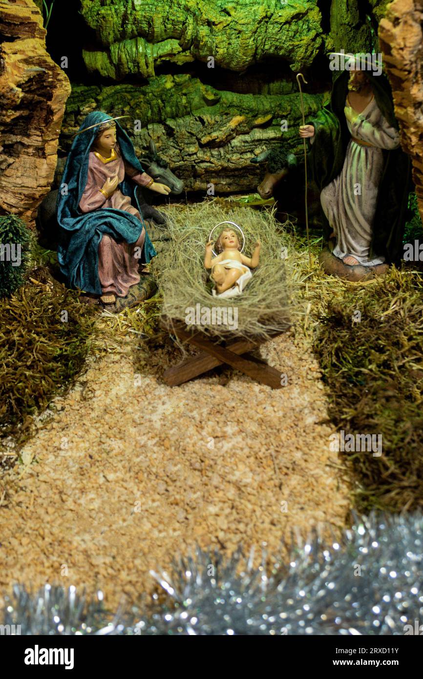 figures of a nativity scene with detail of the birth of the child jesus ...
