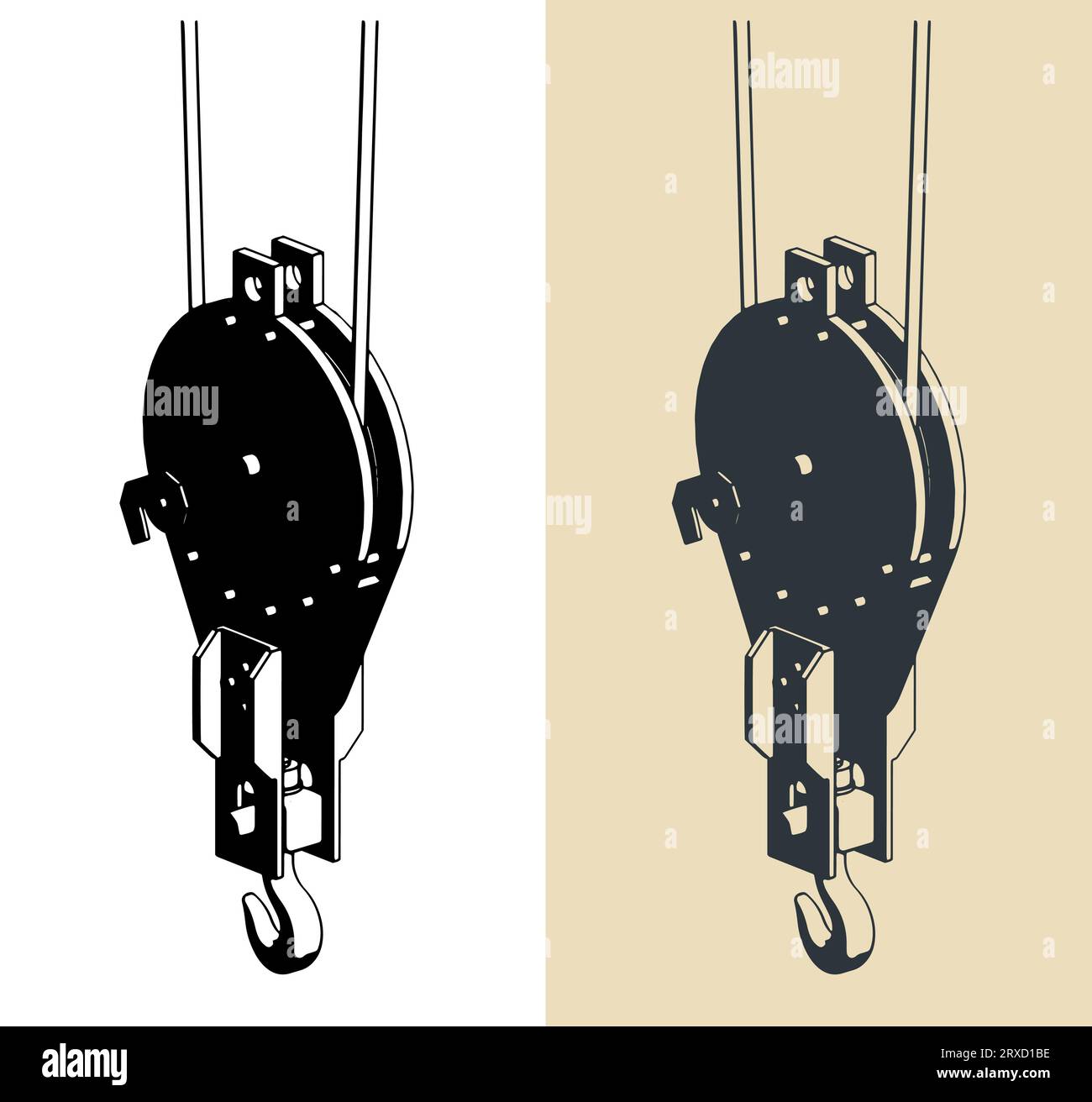 Stylized vector illustration of a large construction crane hook close ...