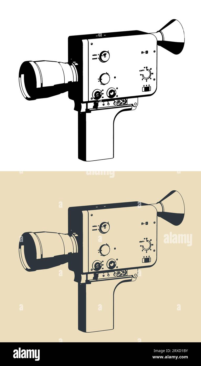 Stylized vector illustrations of hand-held film vintage movie camera ...