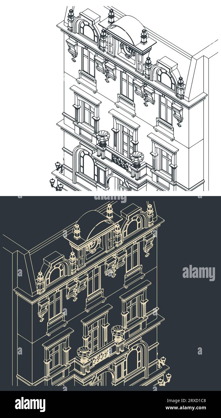 Stylized vector illustration of a Victorian building facade close up ...