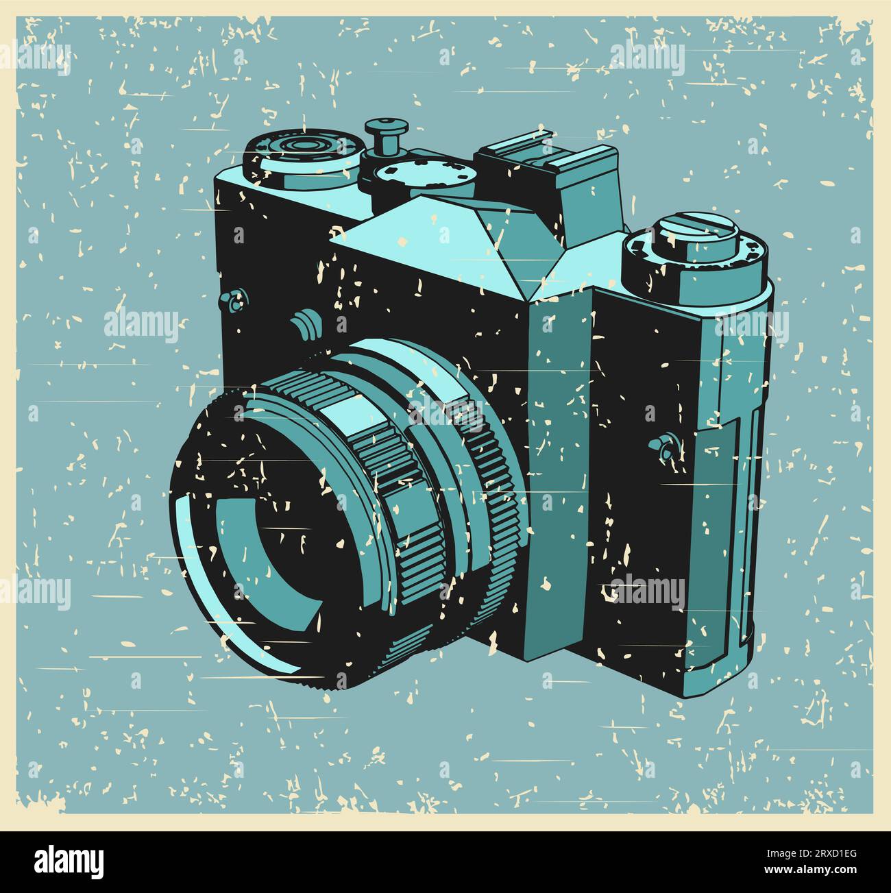 Stylized vector illustration of vintage SLR film camera in retro poster ...
