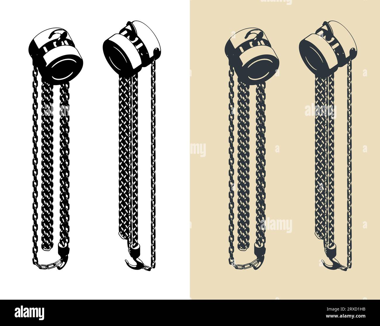 Stylized vector illustrations of manual chain block used to raise heavy ...