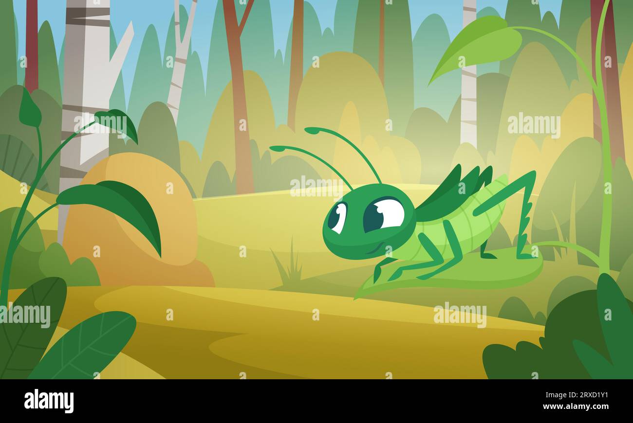 Nature background grasshopper. Cartoon grass landscape with funny ...