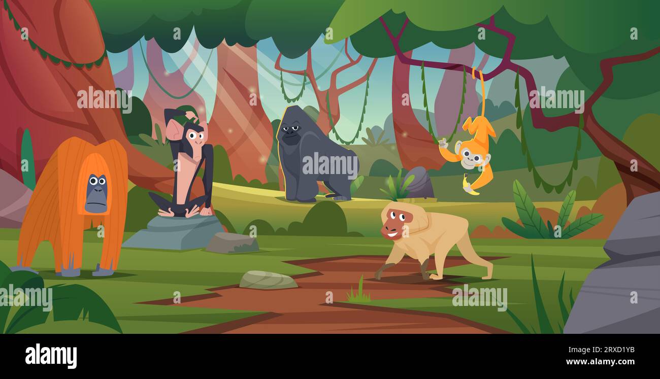 Jungle animals. Wild animals jumping on trees in jungle exact vector ...