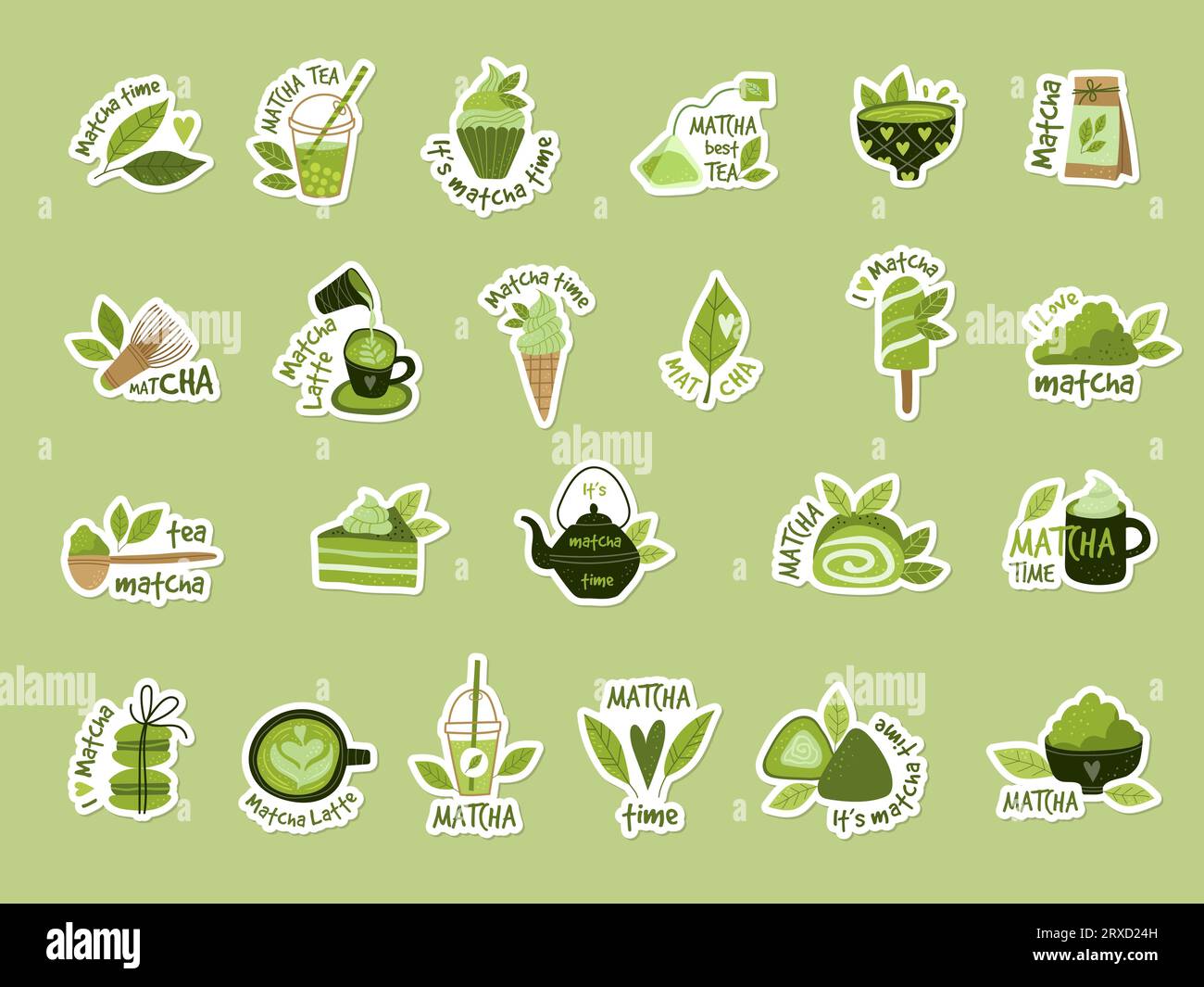 Matcha food. Sticky badges with pictures of asian matcha product ...