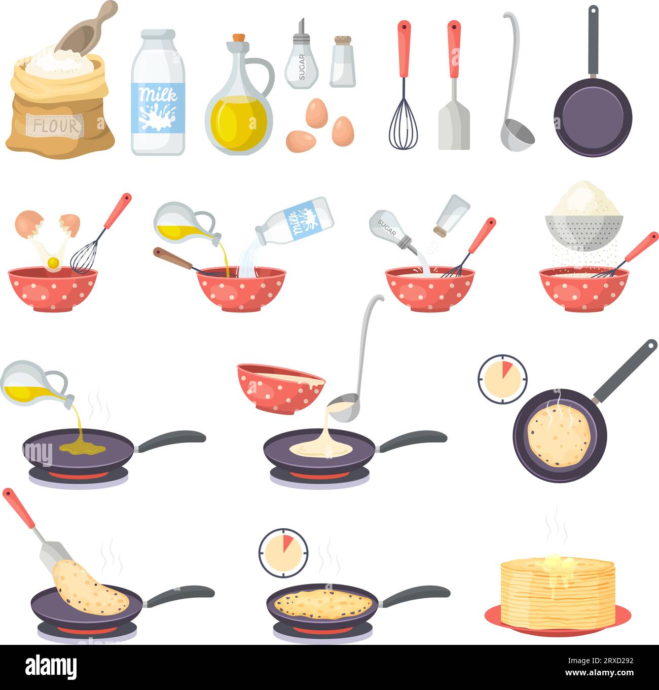 Pancakes. Cooking stages for preparing pancakes recent vector ...