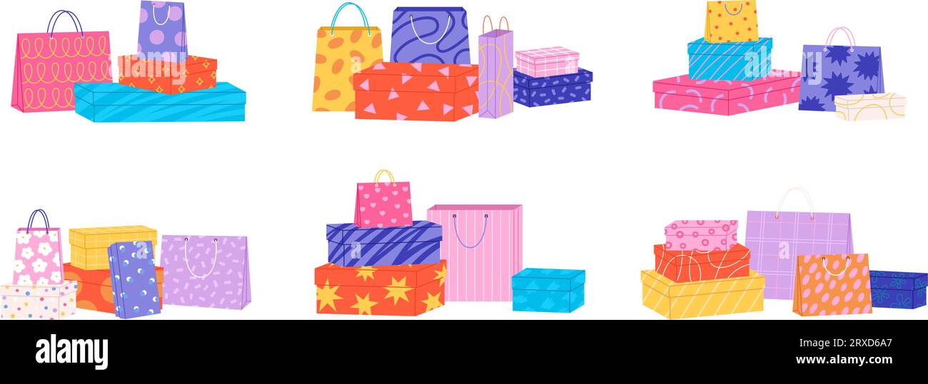 Paper boxes piles and bags stack. Shoes bag collection, craft fashion ...