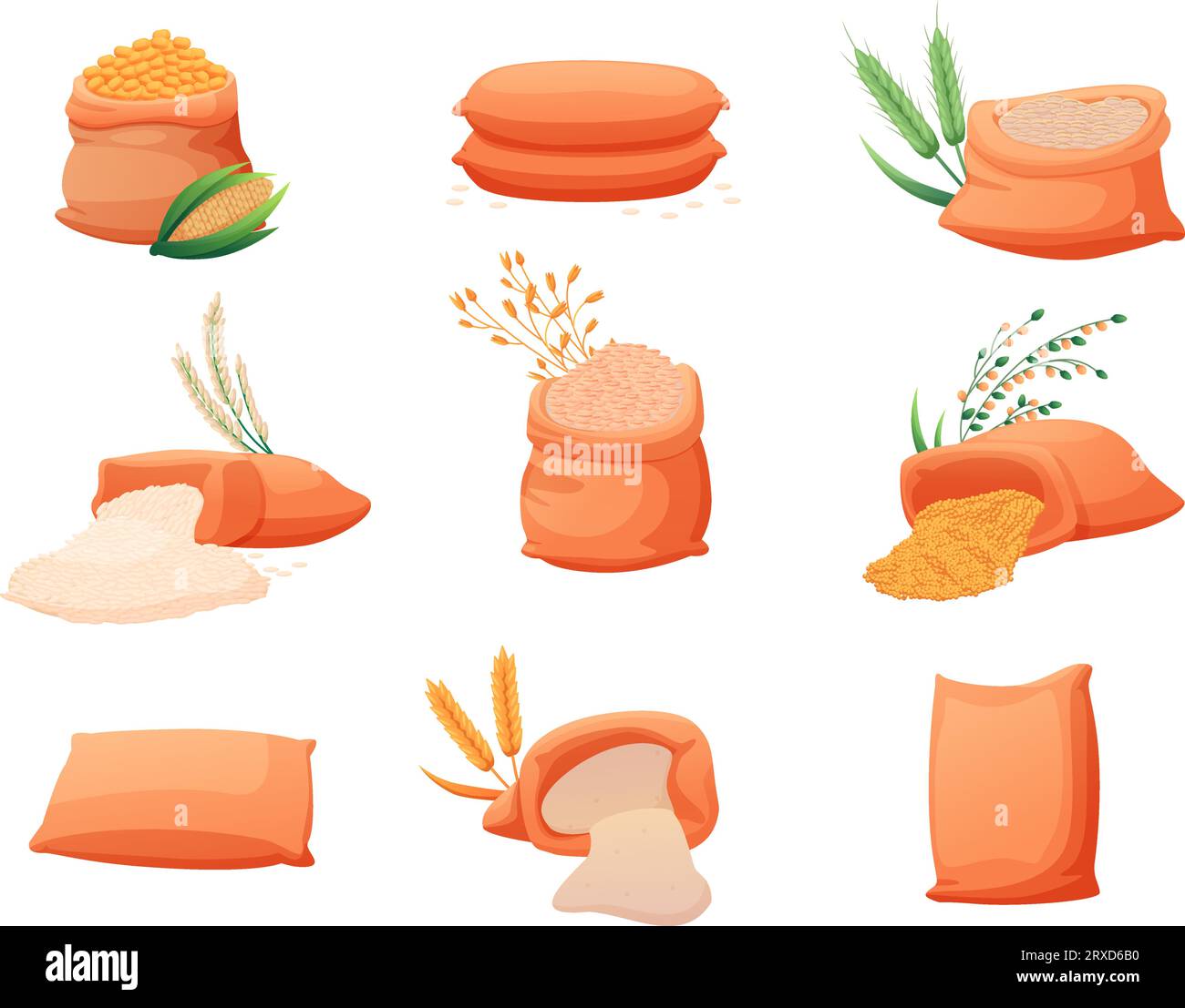 Cartoon bags with cereals. Rye flour, cereal different bag. Cooking ...