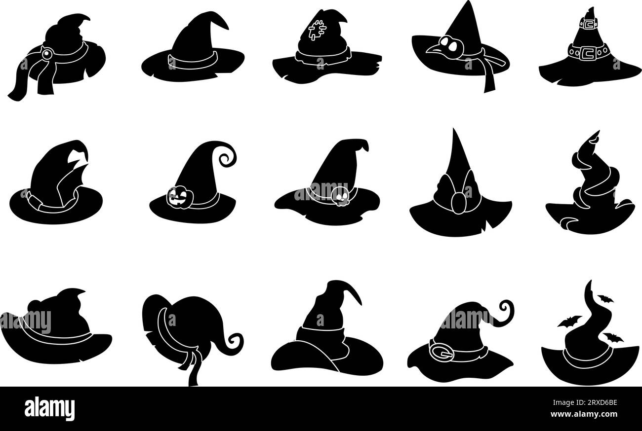 Witch black hats silhouettes. Variety hat magic icons. Isolated wizards ...
