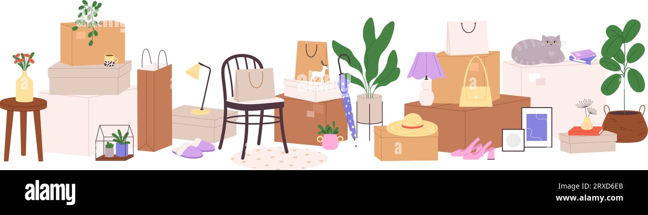 Boxes and things. Moving or relocation, isolated cardboard bags and box ...